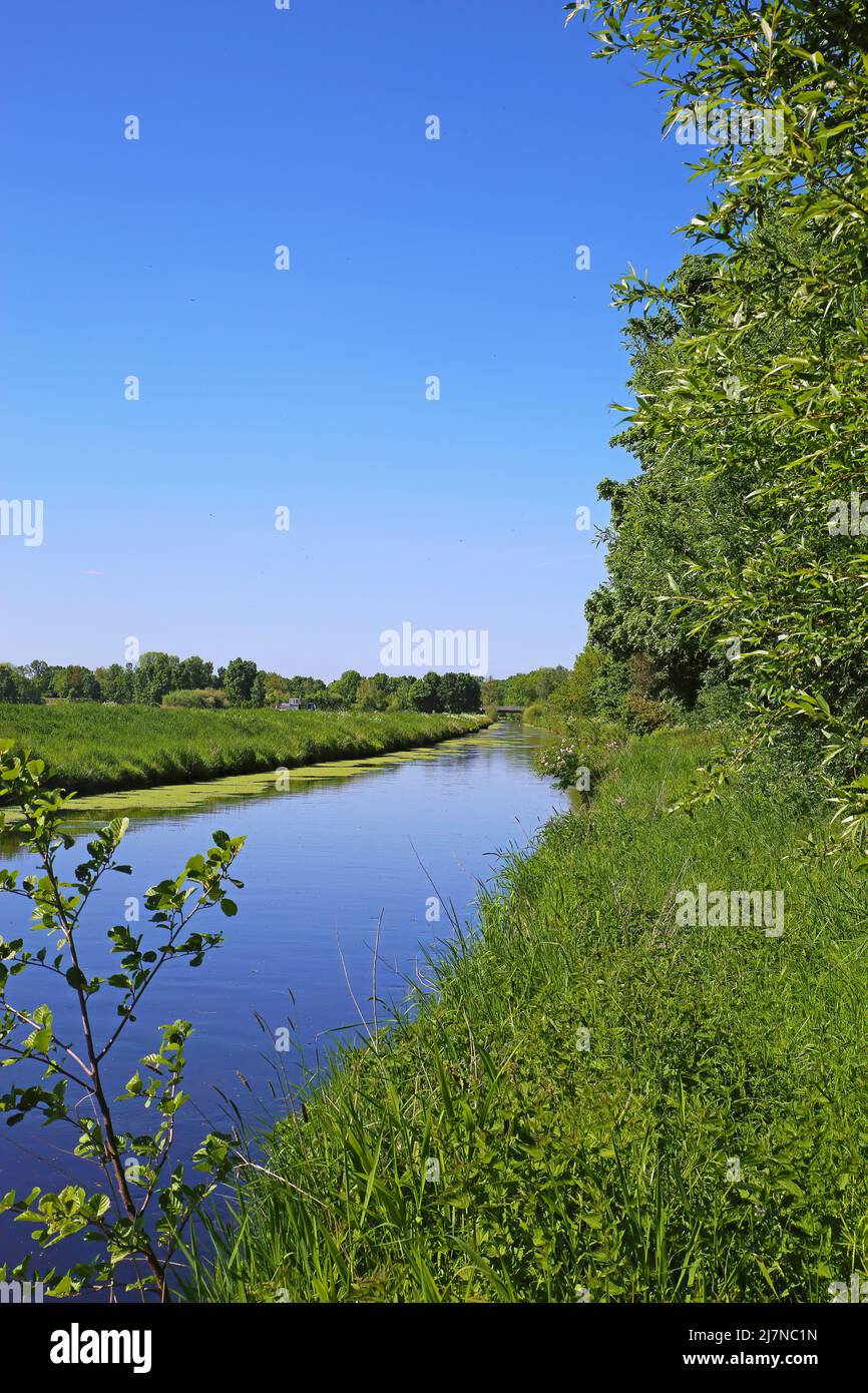 Beautiful lower rhine summer landscape with river Niers, green meadow ...