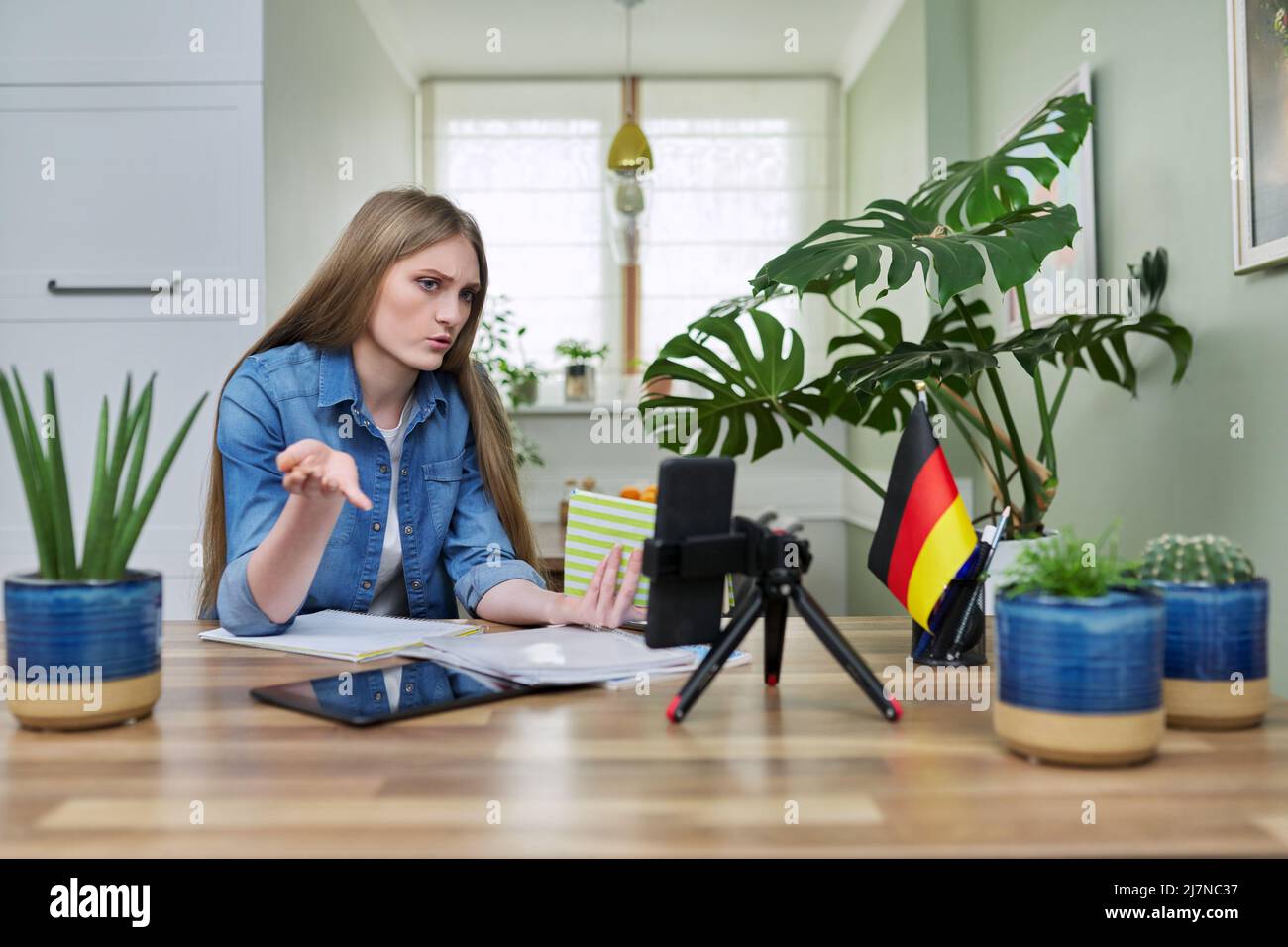 Remote distance learning, online lesson of female student using ...