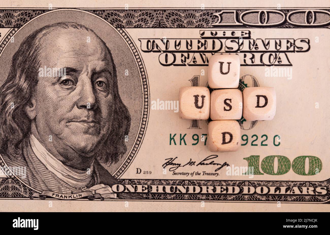 USD word written on wooden blocks on 100 dollar banknote background for ...