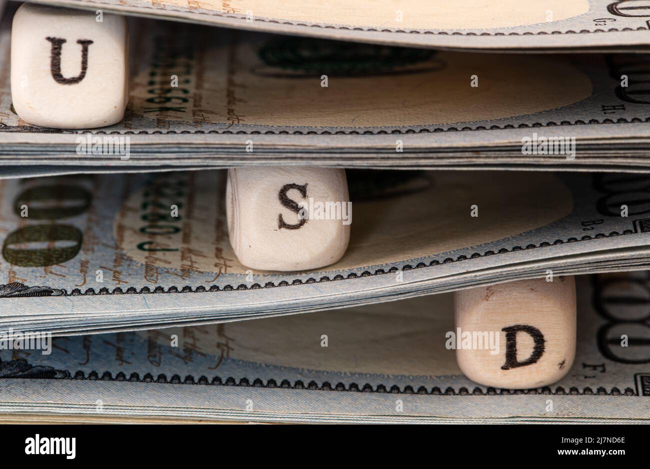 USD word written on wooden blocks on 100 dollar banknote background for ...