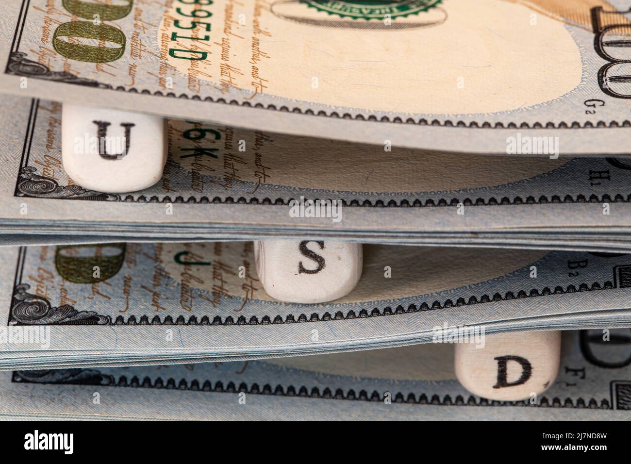 USD word written on wooden blocks on 100 dollar banknote background for ...