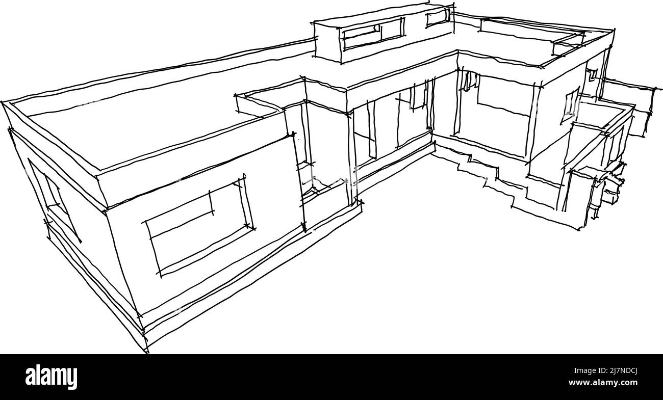 hand drawn architectural sketches of strcture of modern one story ...