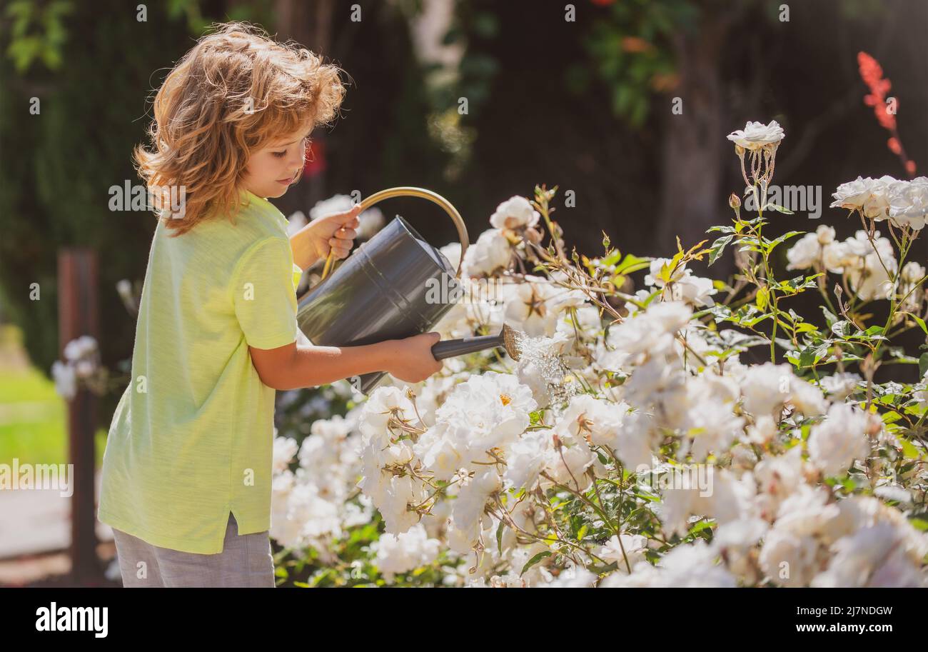 Child in flower garden. Portrait of a kid working in the garden Stock ...