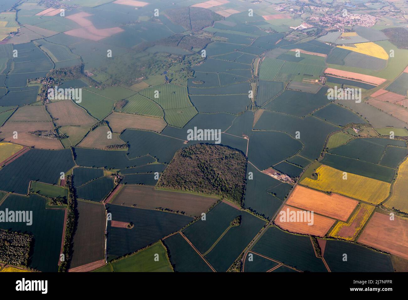 Aerial view of spring green agricultural area of south- east England on ...