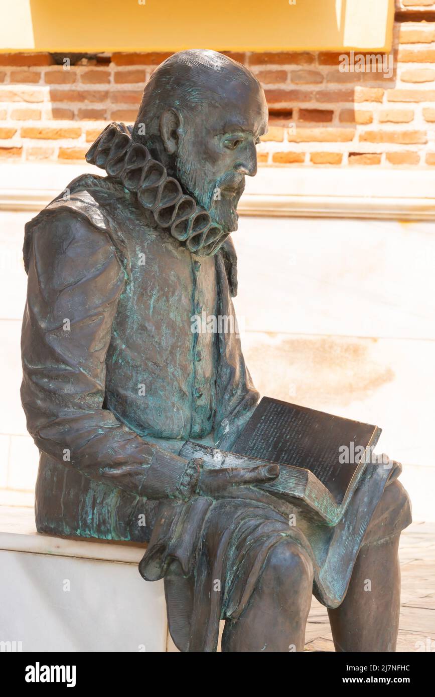 VELEZ-MALAGA, SPAIN - 17 AUGUST 2018 A sculpture of Cervantes at the ...