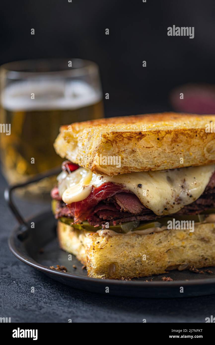 Ruben sandwich. New York sandwich with pastrami. Front view. Fast food ...