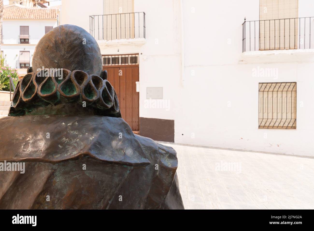 VELEZ-MALAGA, SPAIN - 17 AUGUST 2018 A sculpture of Cervantes at the ...