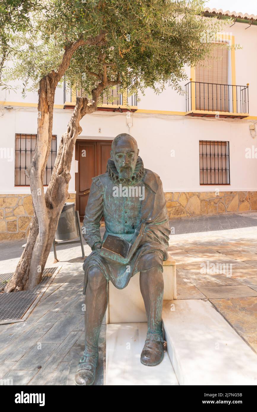 VELEZ-MALAGA, SPAIN - 17 AUGUST 2018 A sculpture of Cervantes at the ...