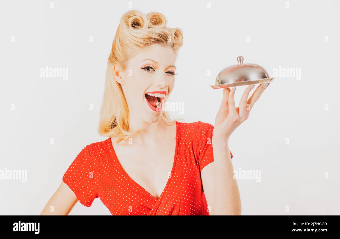 Restaurant catering waiter. Pinup girl with service tray. Serving ...