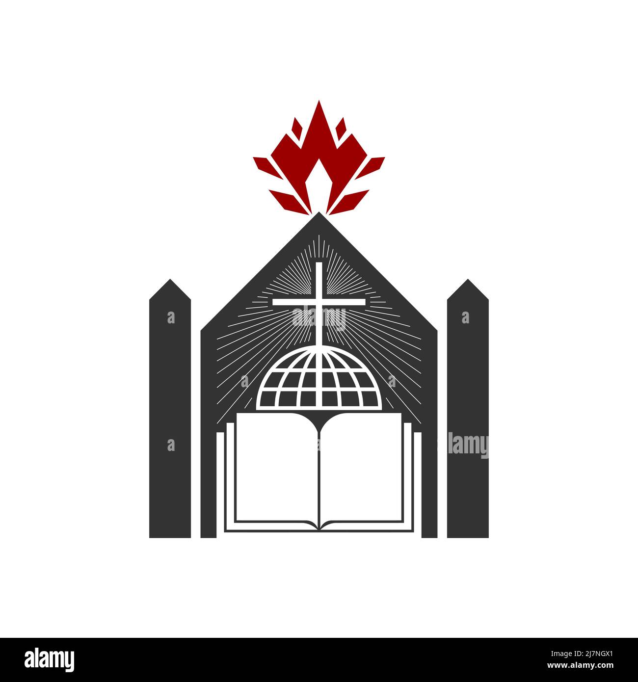 Christian illustration. Church logo. Cross, globe and open bible. Above ...