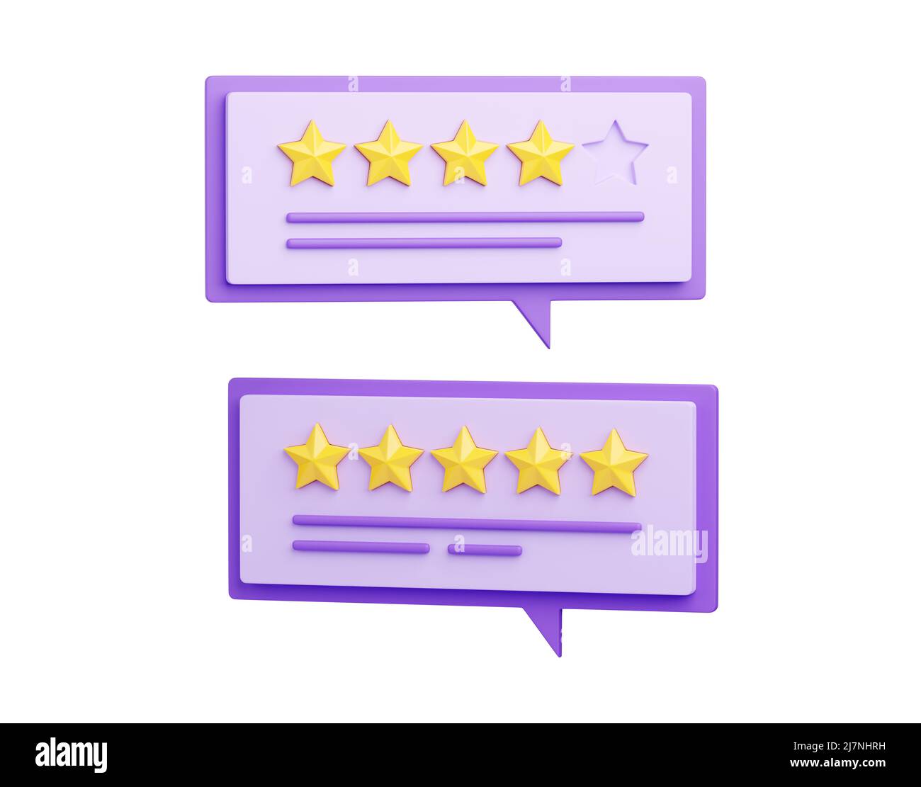 Customer review 3d render illustration - stars and text message on speech bubble. Positive ...