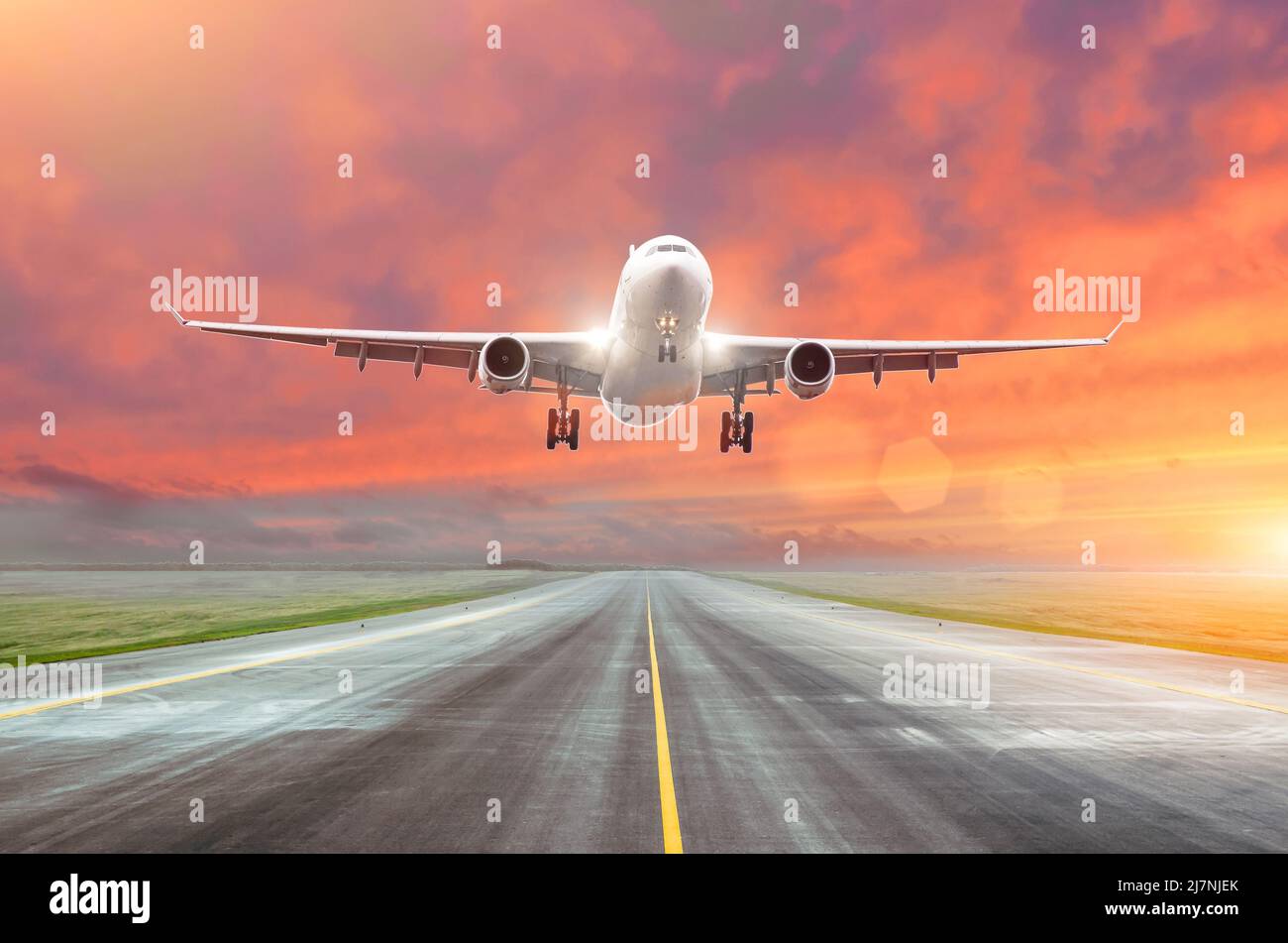 Flying and traveling, sunset airplane landing runway airport Stock ...