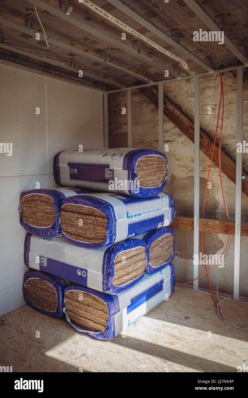Insulation wool is ready for processing on a construction site Stock ...