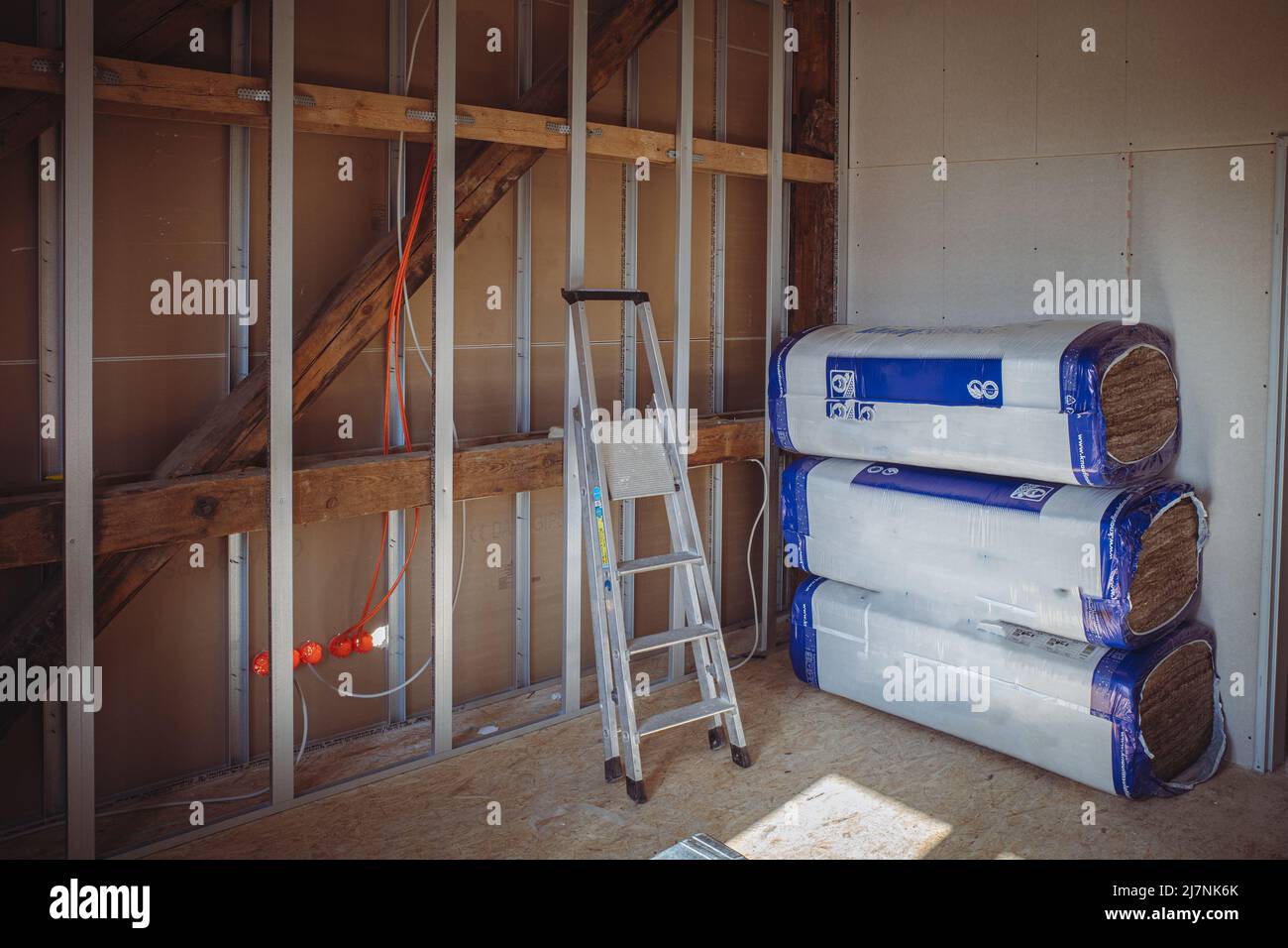 Insulation wool is ready for processing on a construction site Stock ...