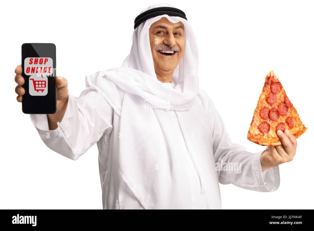 Arab holding a slice of pepperoni pizza and showing a smartphone for ...
