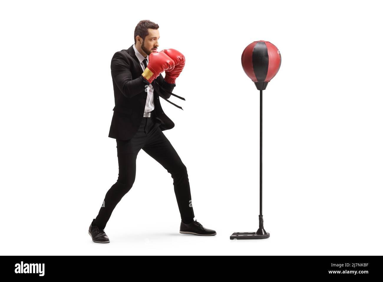 Full length profile shot of a man in a suit with boxing gloves training ...