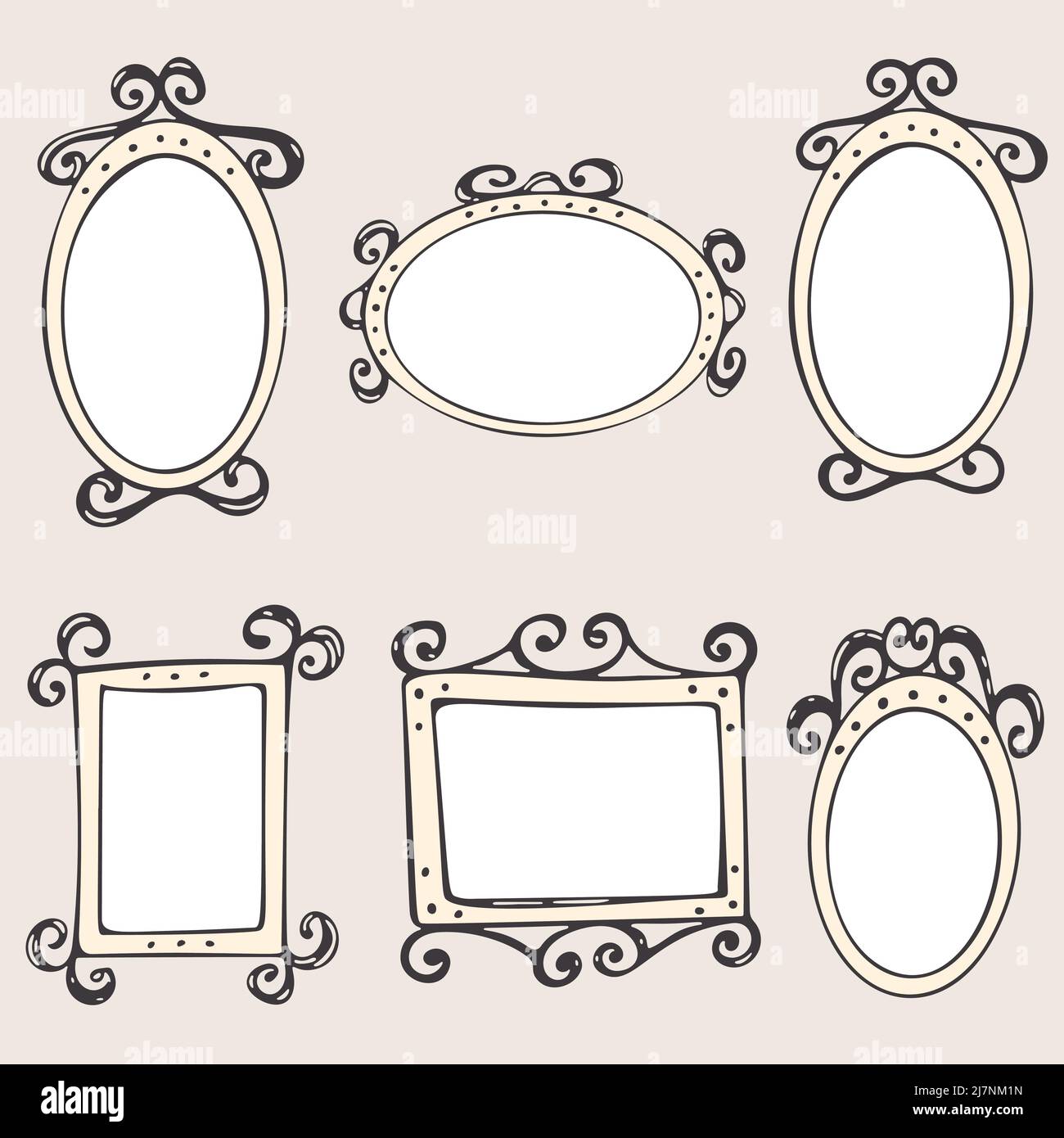 Set of hand drawn doodle vintage frames, squares, ovals, vector borders ...
