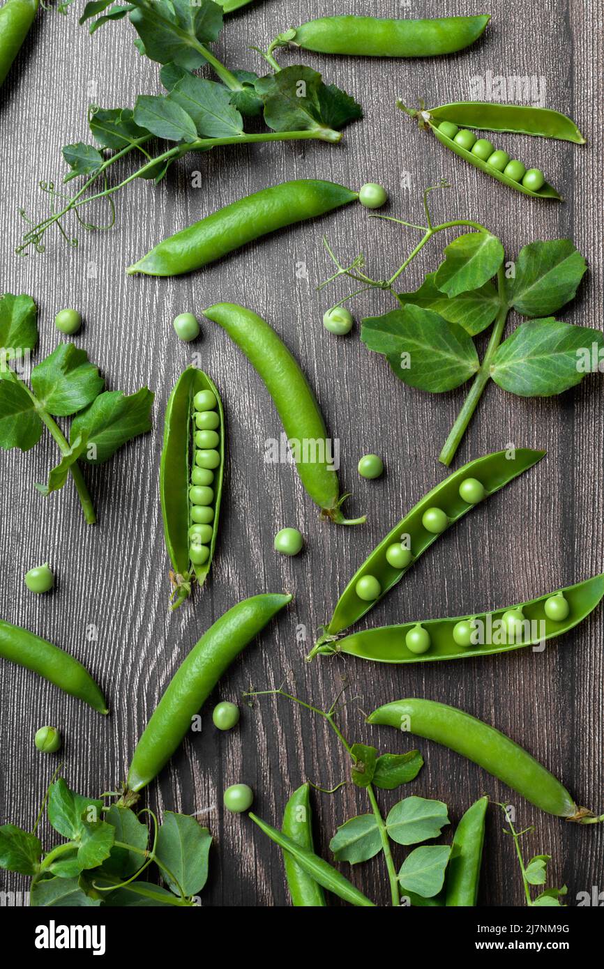 Fresh organic raw green peas pods with peas plants leaves on dark ...