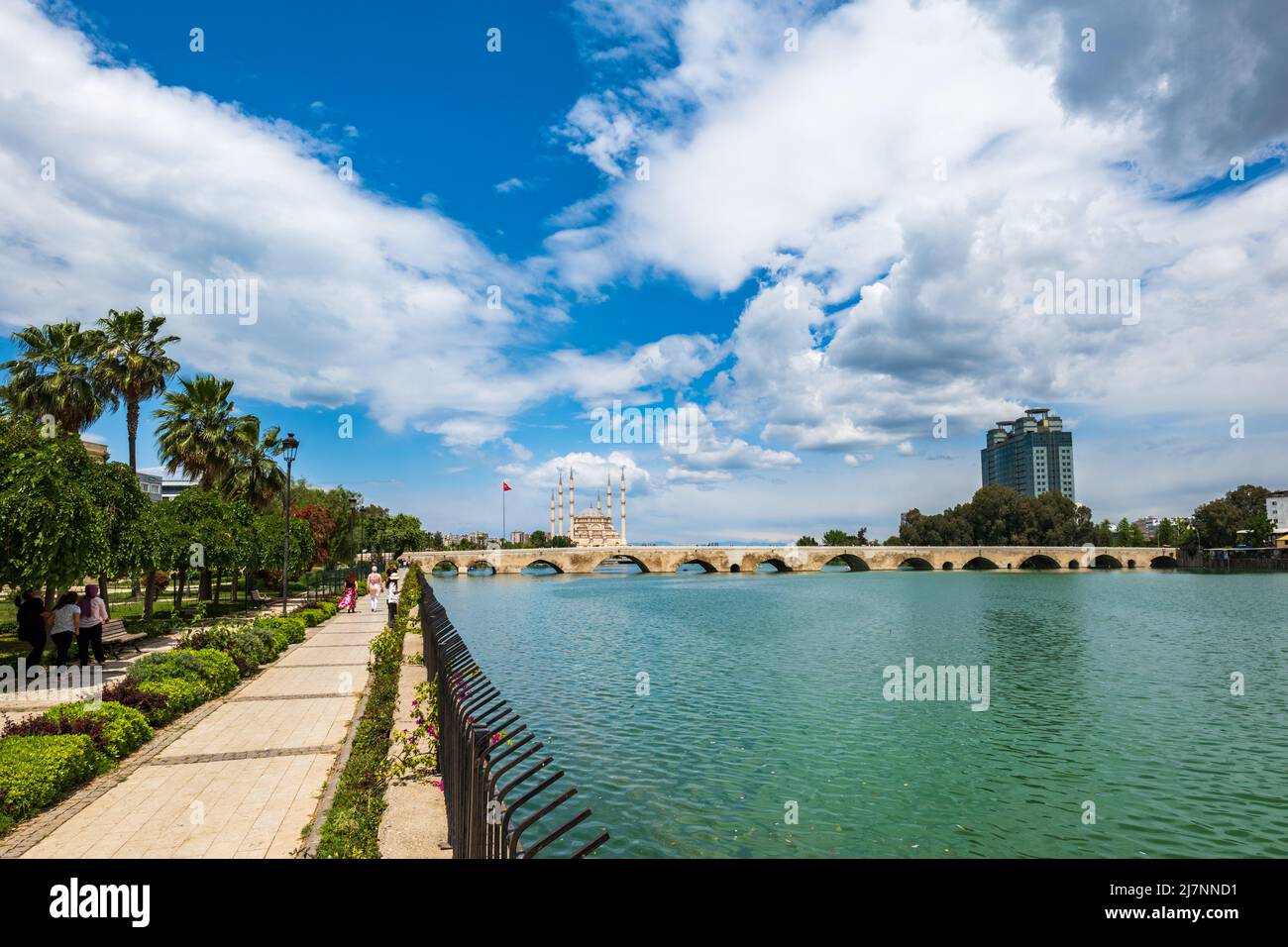 Stone bridge (Taşköprü in Turkish) and the main mosque in Adana, Turkey ...