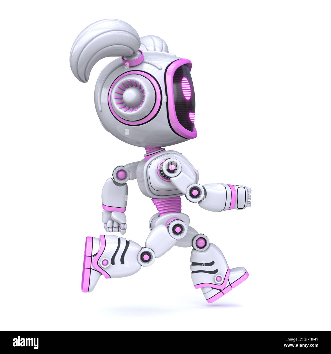 Cute pink girl robot running 3D rendering illustration isolated on ...
