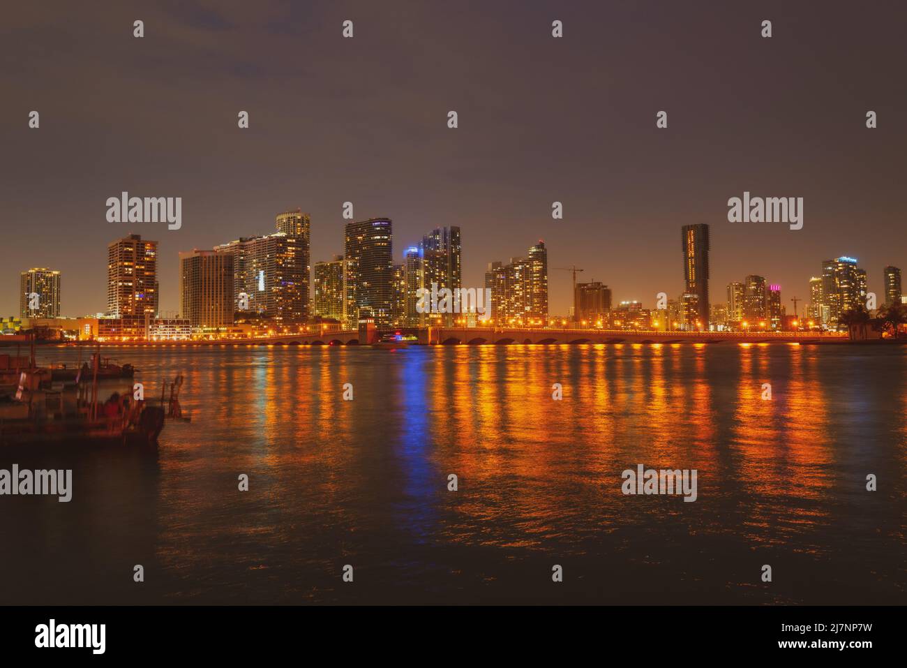 Miami at sunset. Miami Florida, colorful skyline of Macarthur causeway ...