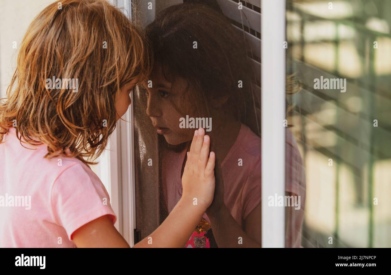 Kids love. Lovely child friends couple. Girl and boy at home. Parting ...