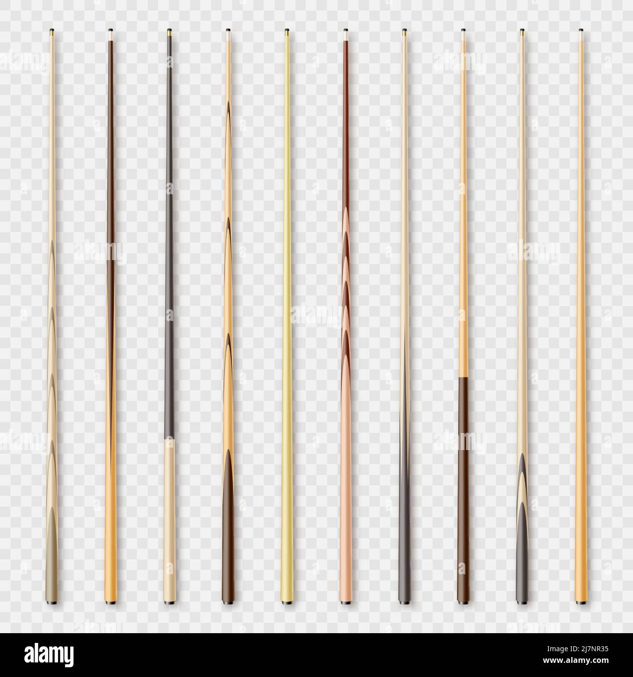 Various wooden billiard cues. Snooker sports equipment. Vintage pool ...