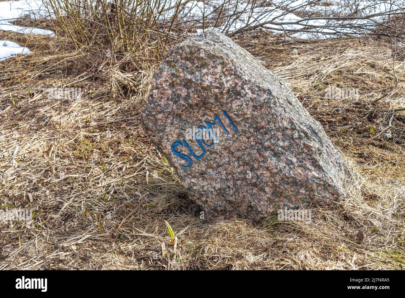 Border stone marks the border between USSR and Finland. Roughly hewn ...