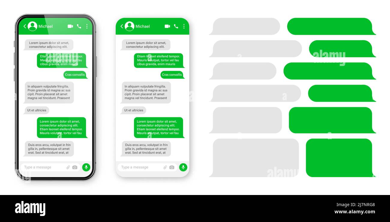 Realistic smartphone with messaging app. Blank SMS text frame ...