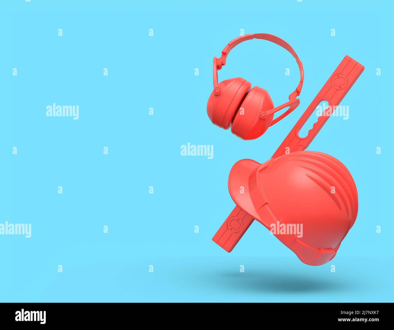 Flying view of red construction tools for repair and installation on ...