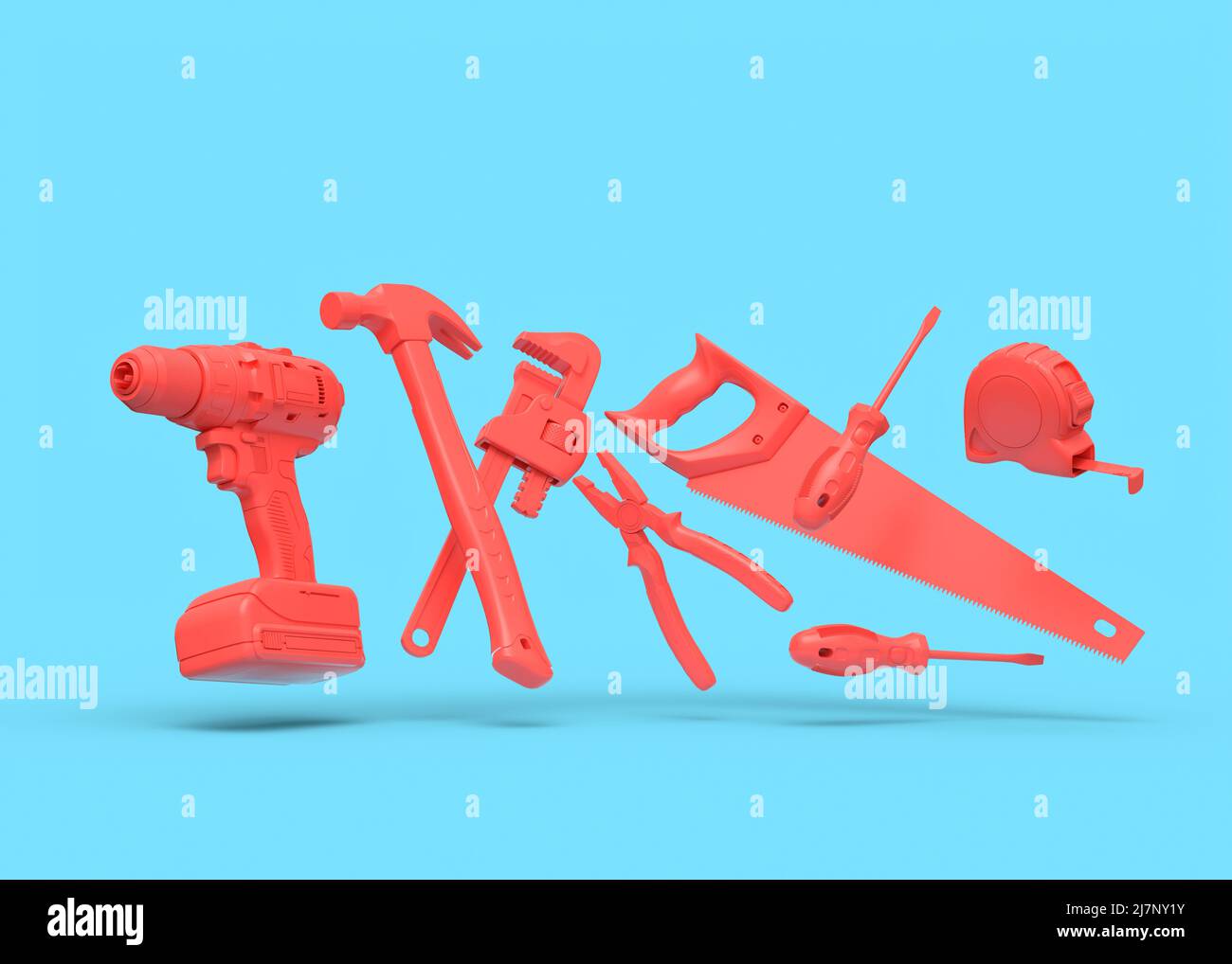 Flying view of red construction tools for repair and installation on ...