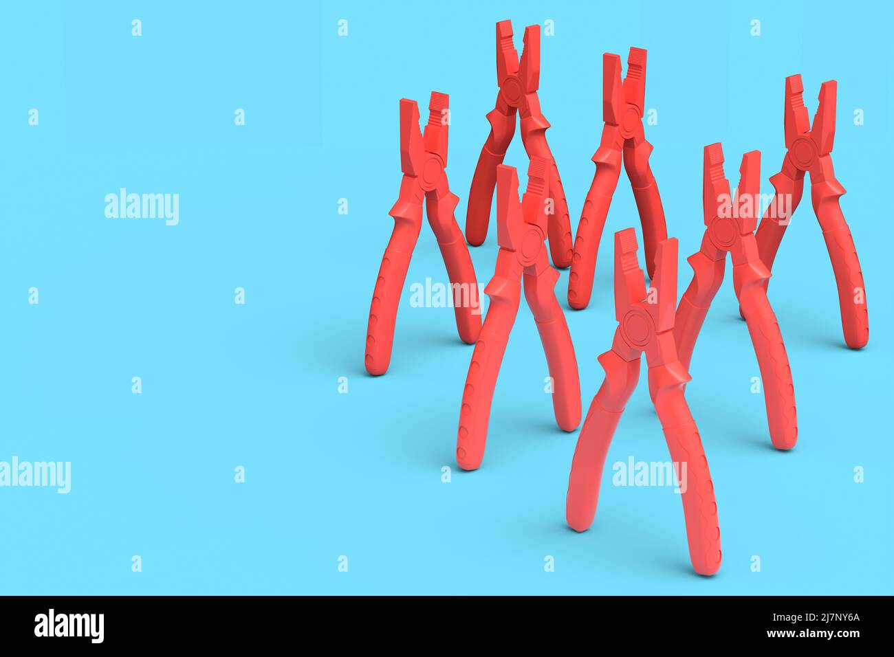 Set of red hand tool pliers isolated on blue background. 3d render and ...