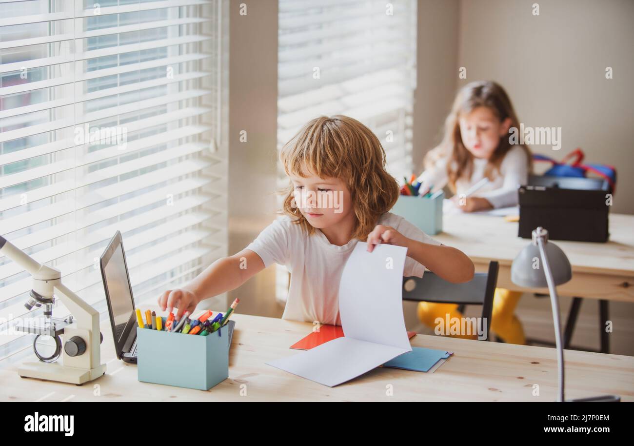 First grade. School boy with writing lesson. Back to school. Happy ...