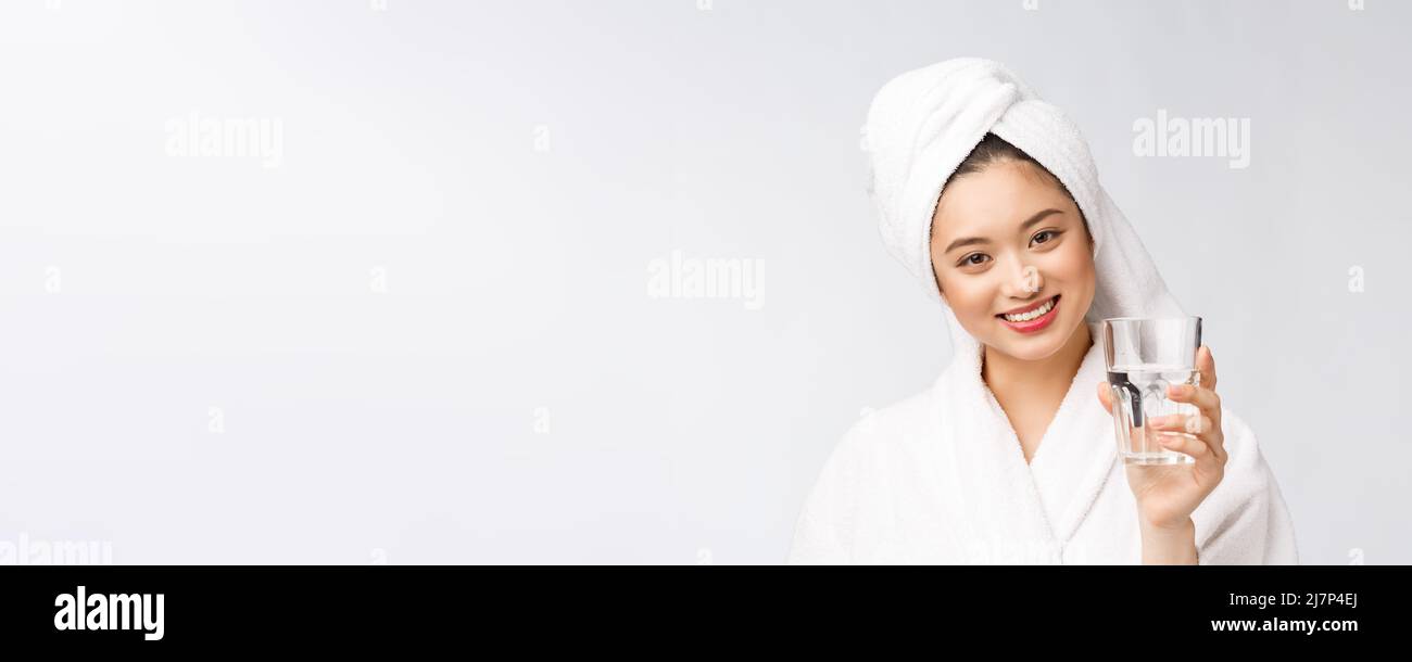 Healthy young beautiful woman drinking water, beauty face natural ...