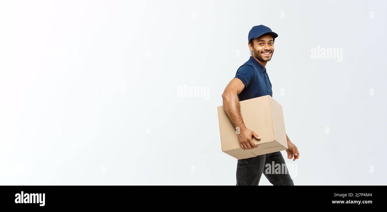 Delivery Concept - Portrait of Happy African American delivery man in ...