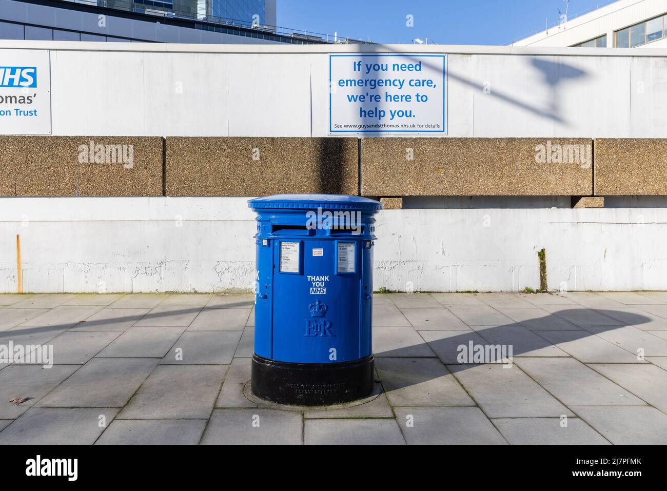 A blue postbox in support of the NHS outside St Thomas's Hospital in ...