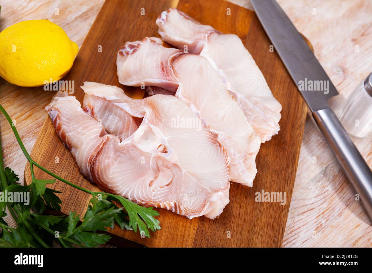 Raw blue shark fish steaks, seafood ingredients Stock Photo - Alamy