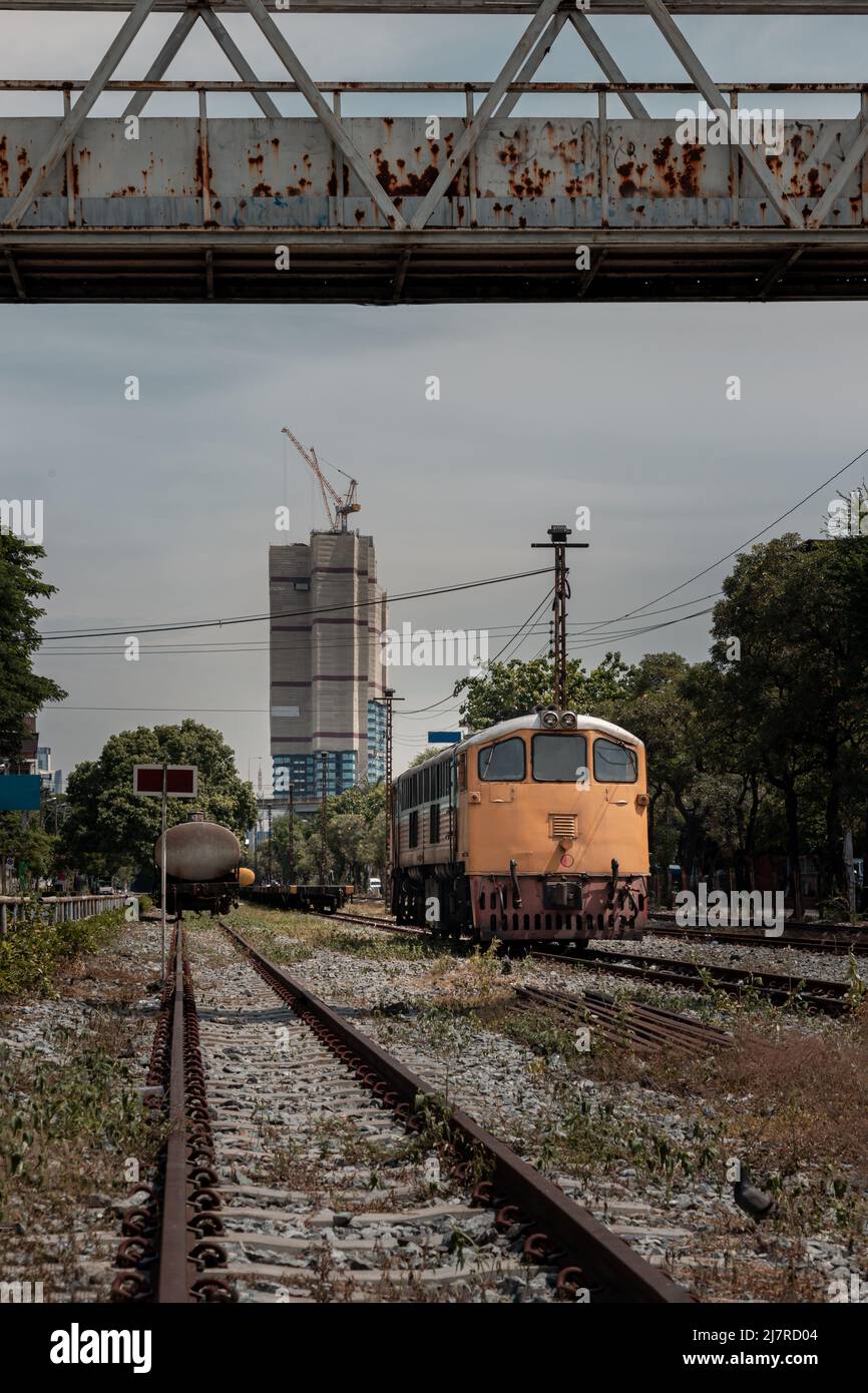 Front view of The diesel electric locomotive is parked on Old railroad ...
