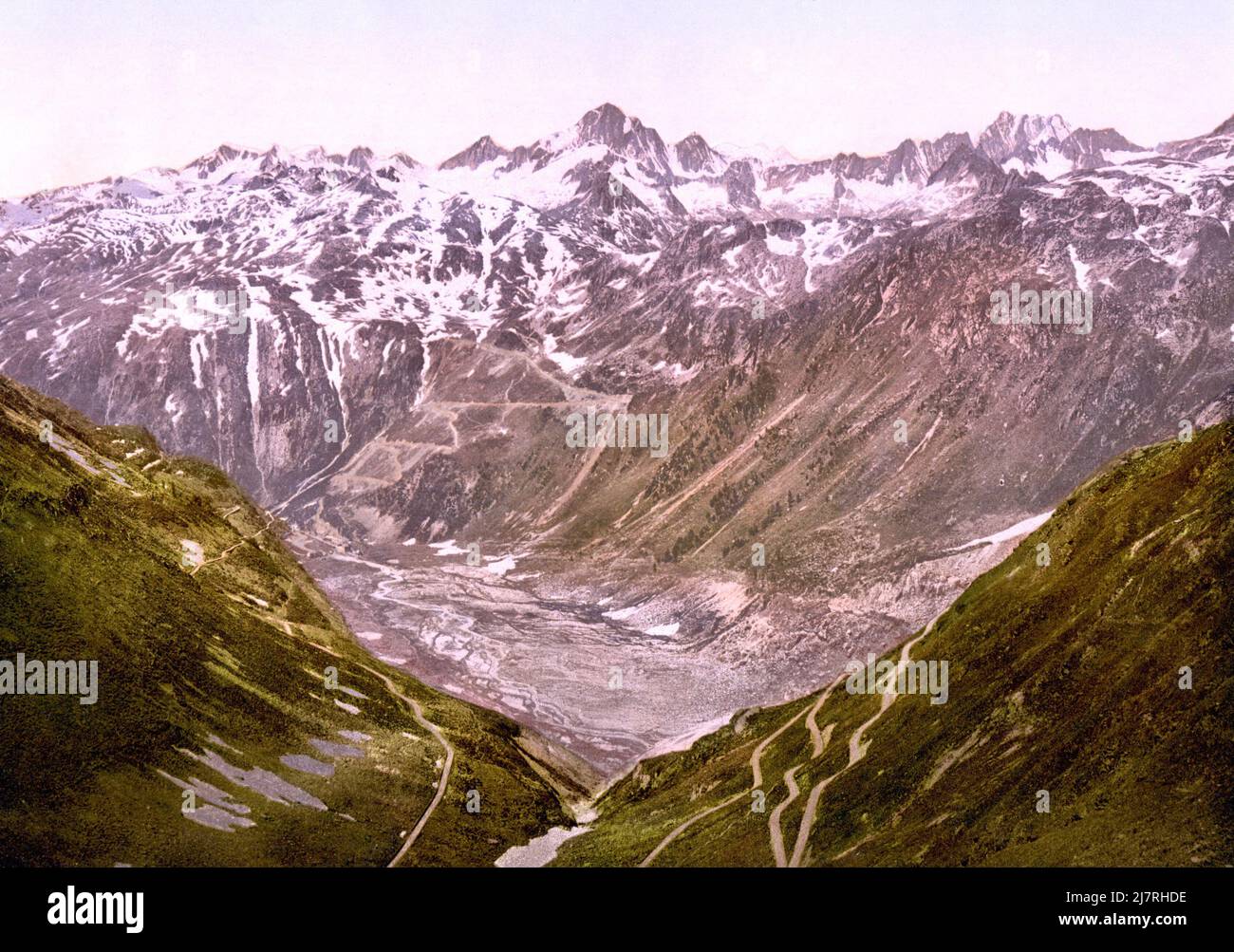 Furka Pass view from Gross Furkahorn, Urner Alps, Uri, Switzerland 1890 ...
