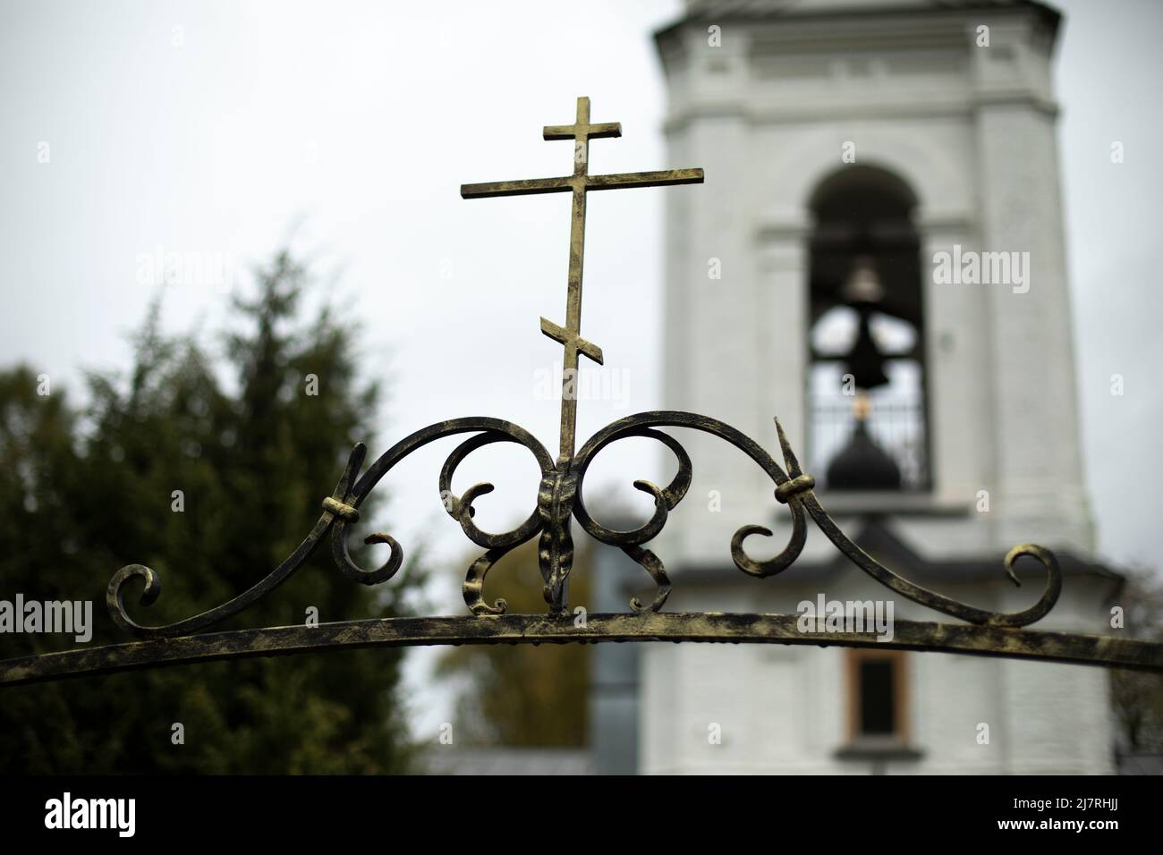 Orthodox cross. Entrance to temple. Forged cross made of steel. Symbol ...