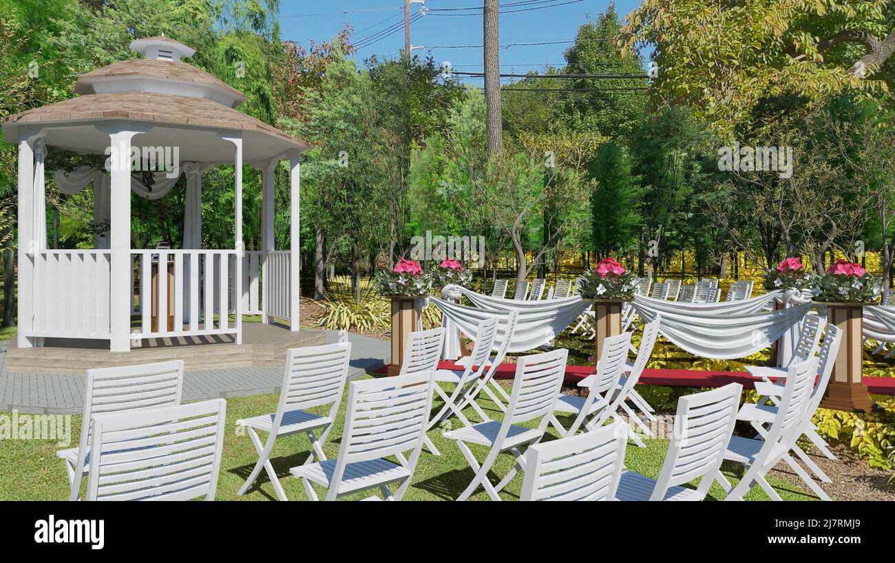 3D illustration beautiful garden wedding ceremony event Stock Photo - Alamy