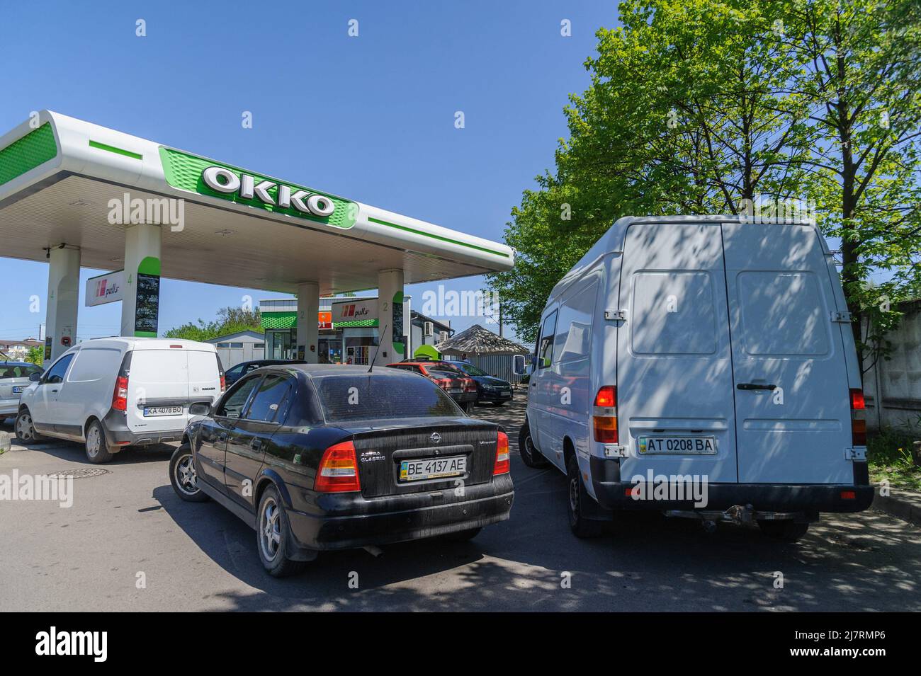 Lviv, Ukraine. 10th May, 2022. Cars in a queue at OKKO gas station as ...
