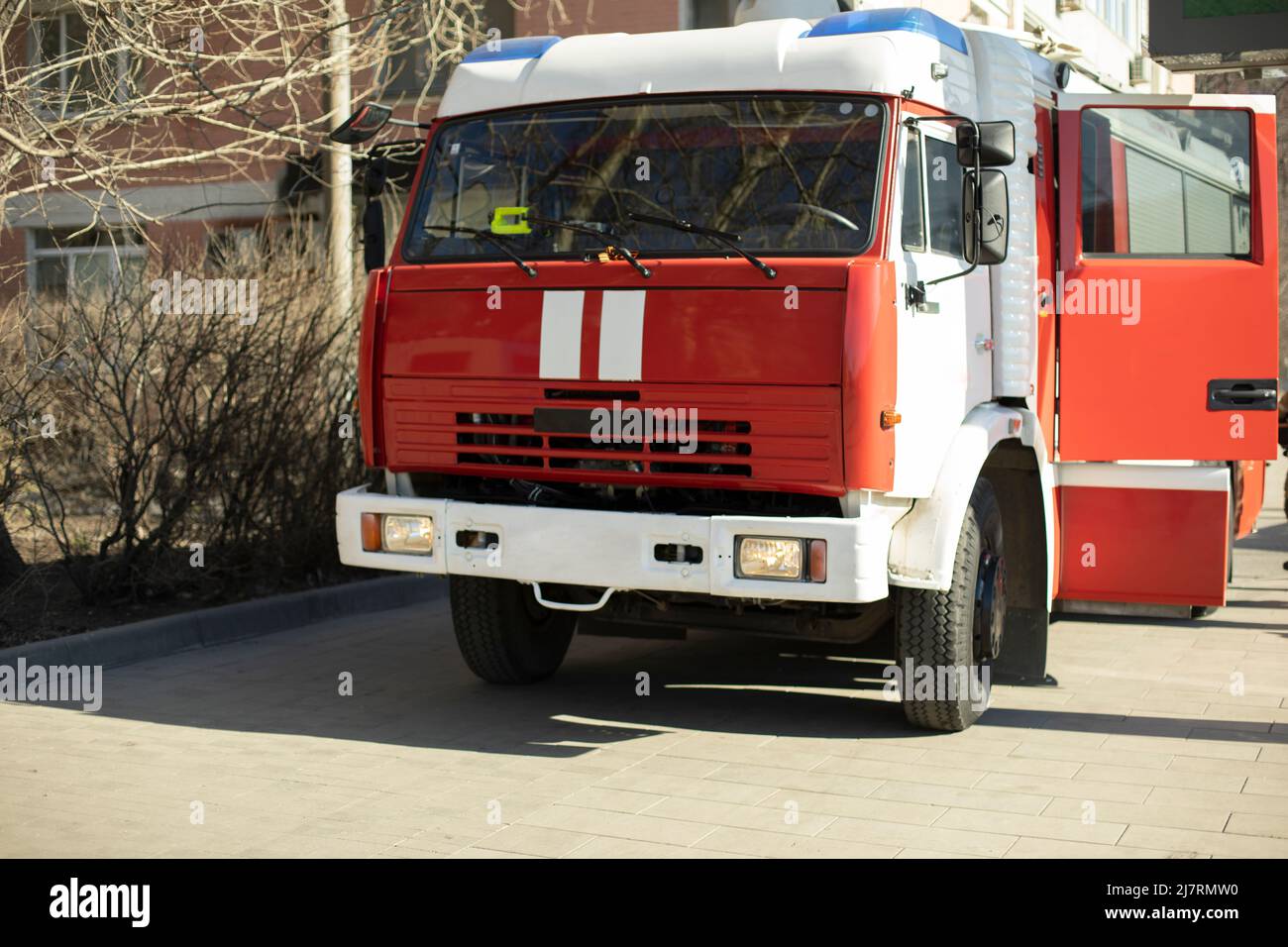 Fire truck on street. Rescue service. Special transport for ...