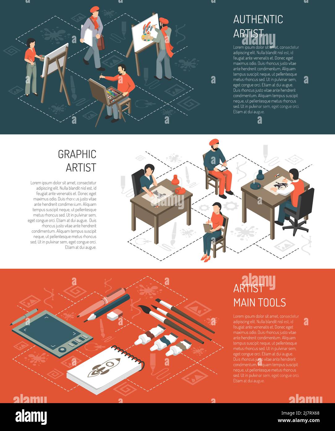 Horizontal isometric banners with authentic and graphic artists, tools ...