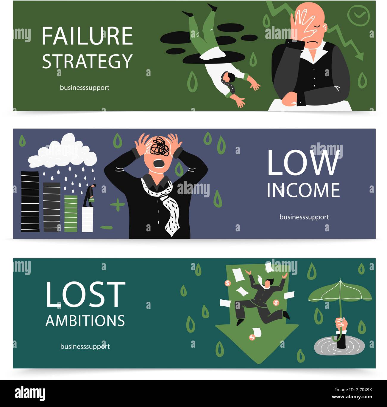 Three horizontal failure business banner set with failure strategy low ...