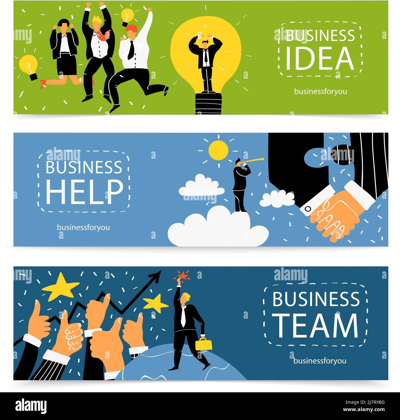 Three horizontal success business banner set with business idea help ...