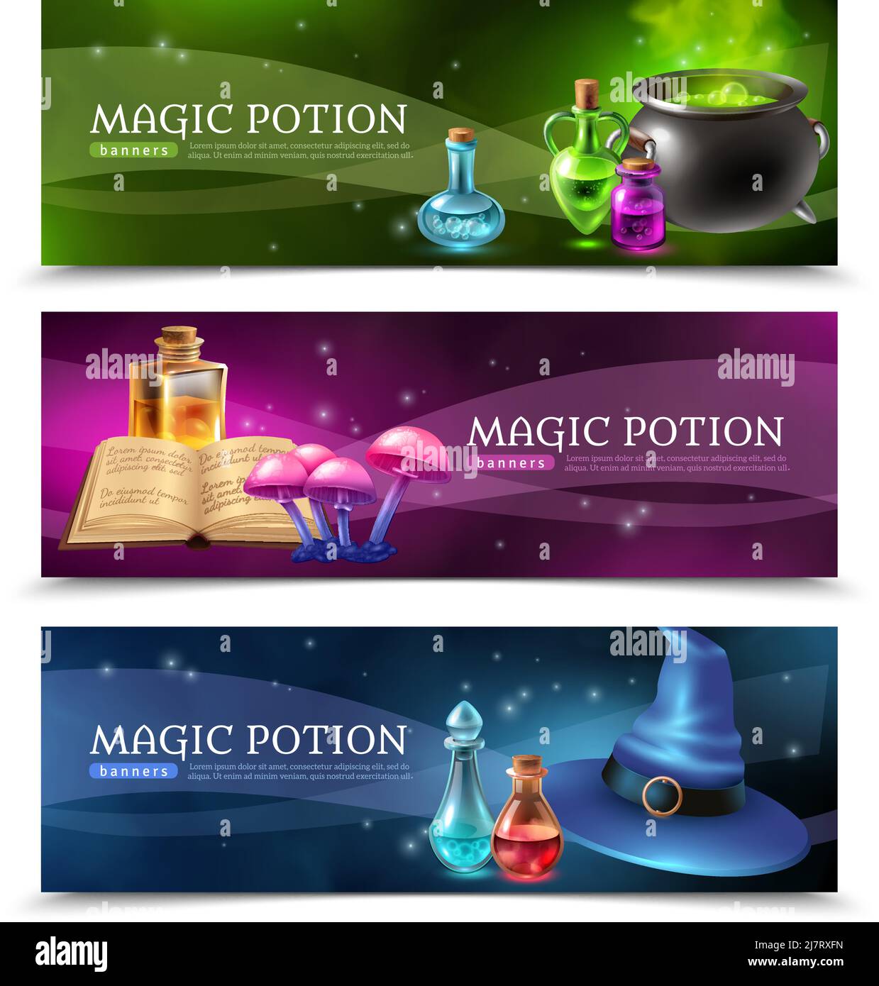 Horizontal realistic colorful banners set with mysterious magic potion ...