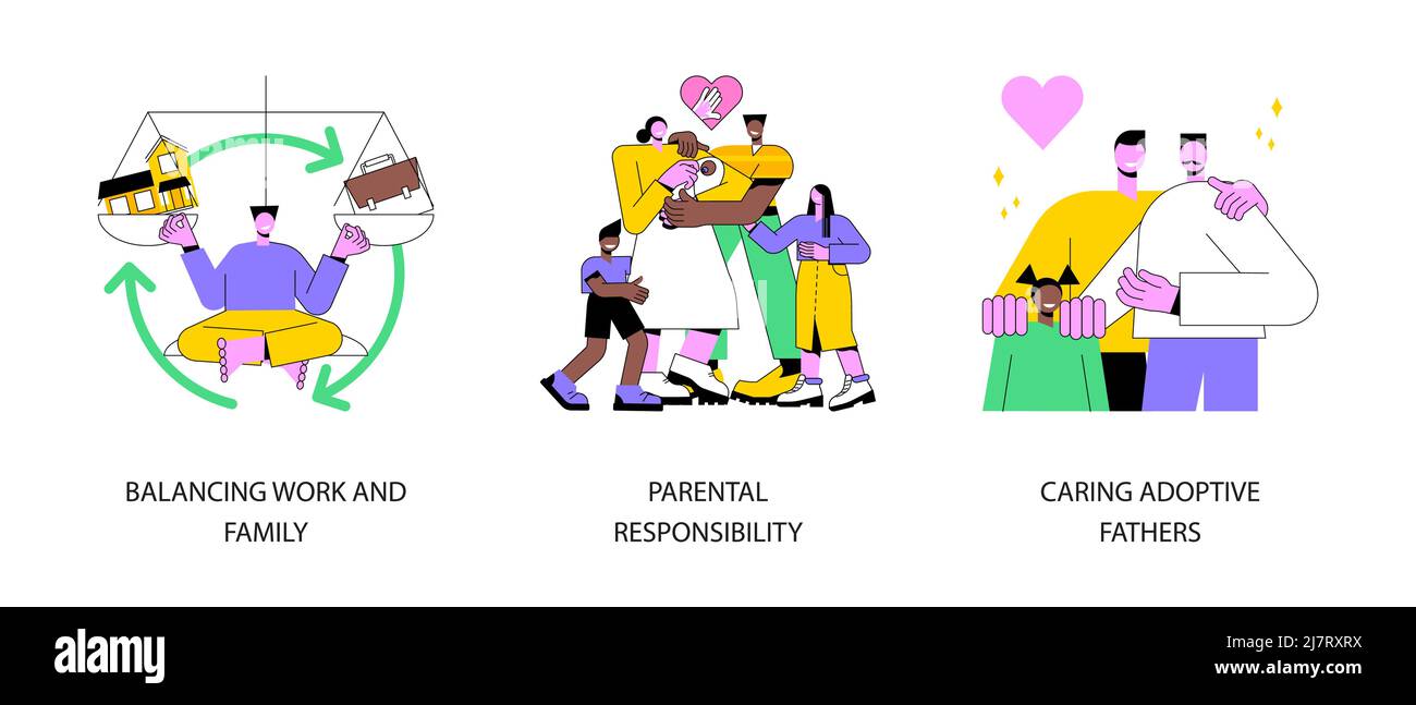 Happy family abstract concept vector illustration set. Balancing work ...