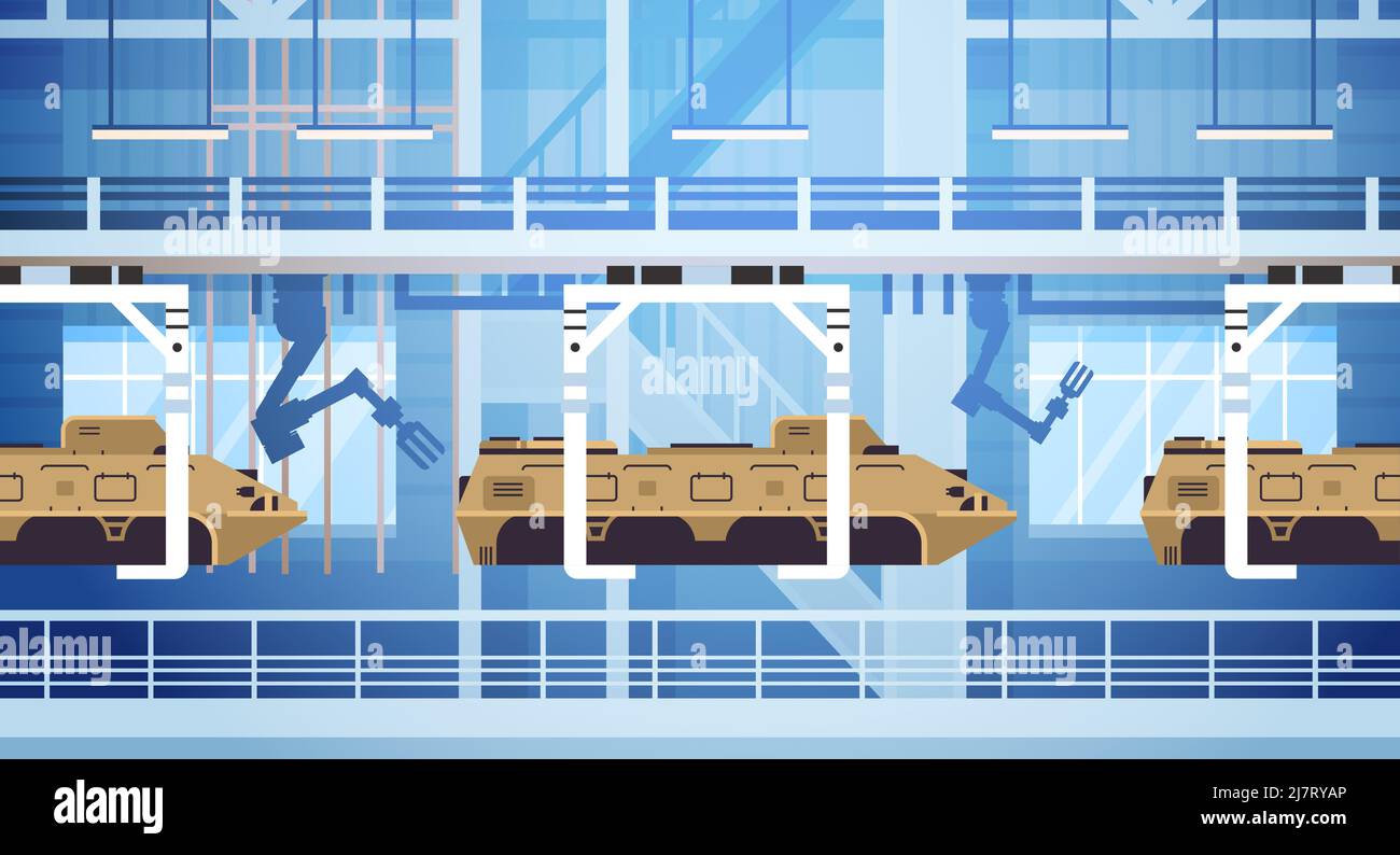 armored fighting vehicle AFV on assembly conveyor line with robot arms ...