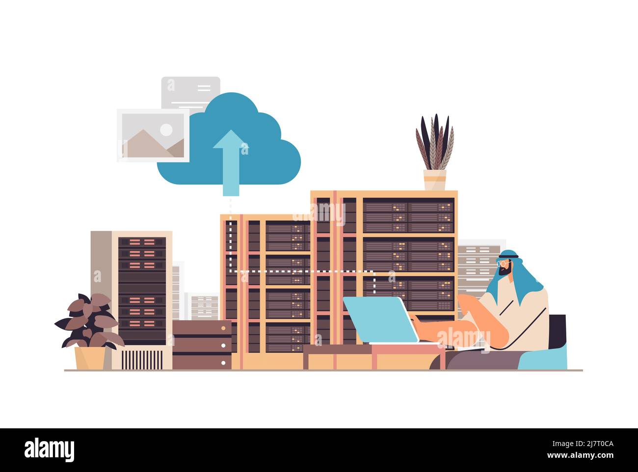 Arab Man Working In Data Center Technical Room Hosting Server Database Concept Horizontal